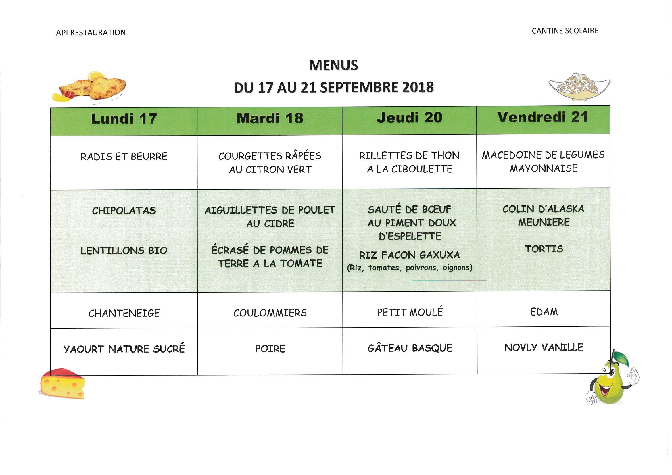 Menu cantine scolaire - Rocroi ville