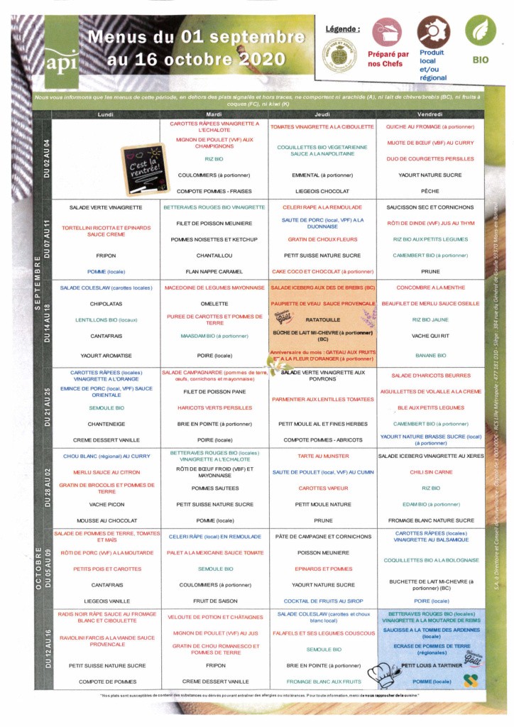 Menu cantine scolaire - Rocroi ville